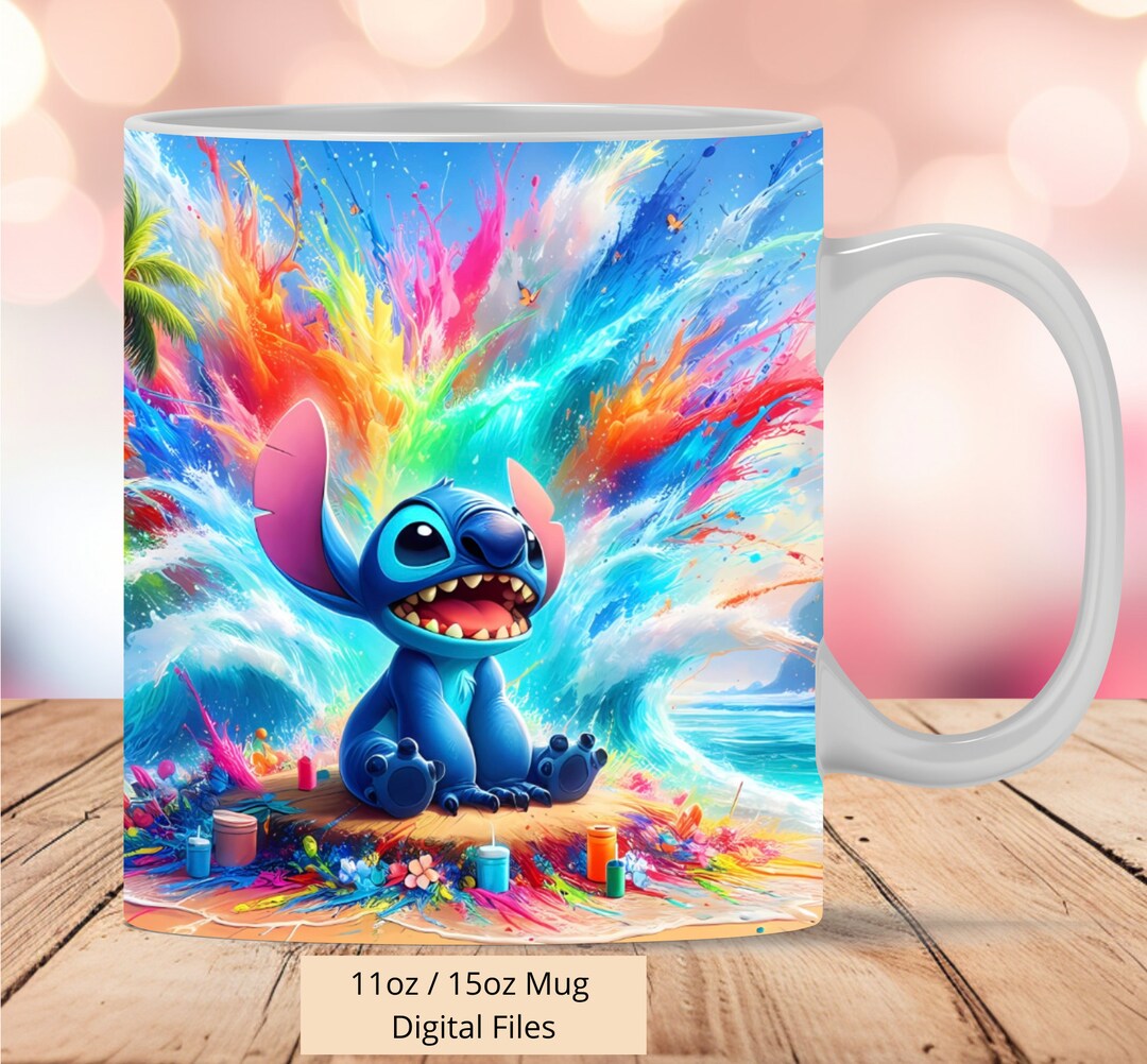 3D Cute Stitch Colorful Splash Mug Wrap, 3D Stitch Mug Wrap Sublimation ...