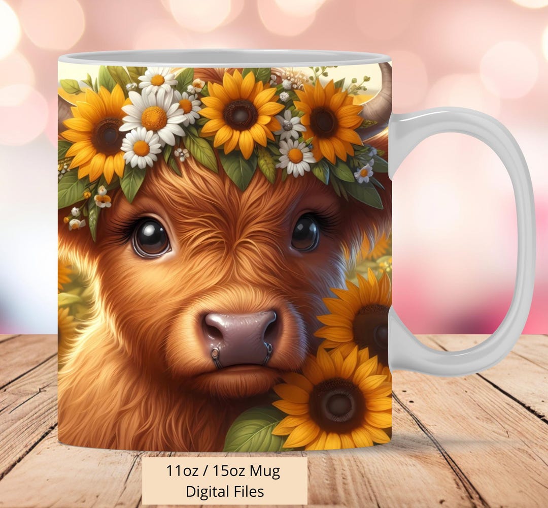 3D Cute Highland Cow Sunflower Mug Wrap, 3D Cow Mug Wrap Sublimation ...