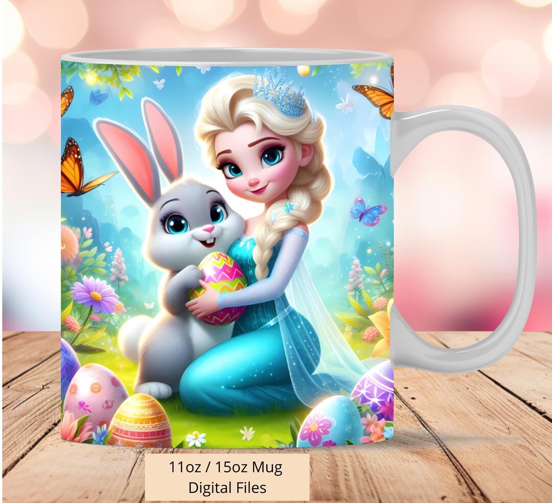 3D Cute Elsa and Bunnie Easter Mug Wrap, 3D Frozen Mug Wrap Sublimation ...