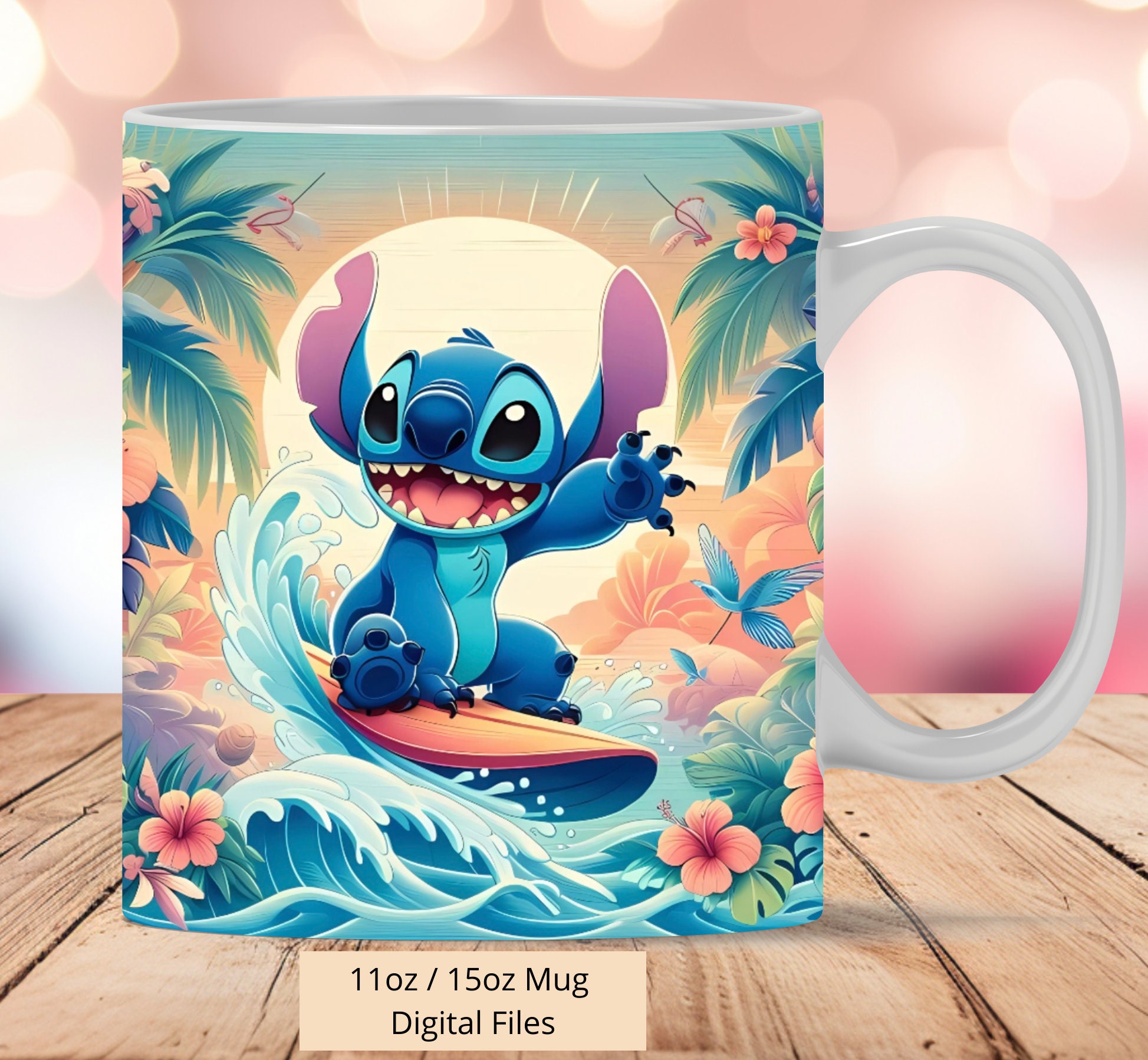 3D Cute Stitch Summer Surf Mug Wrap, 3D Stitch Mug Wrap Sublimation ...