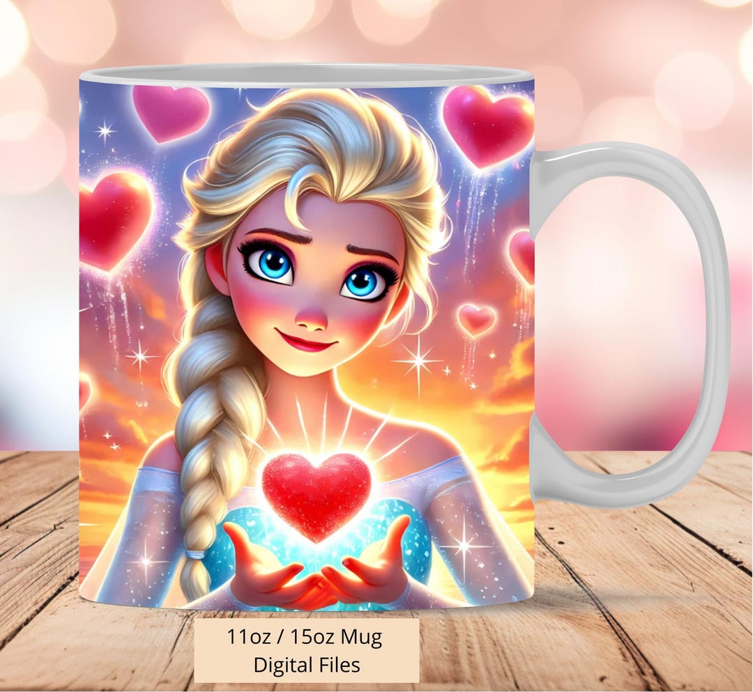 3D Cute Elsa Frozen Hearts Mug Wrap, 3D Elsa Mug Wrap Sublimation ...