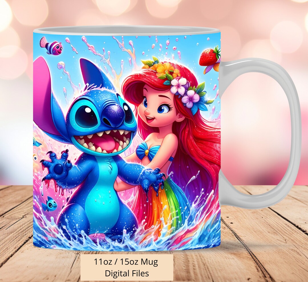 3D Nermaid Ariel Colorful and Stitch Mug Wrap, 3D Stitch Mug Wrap ...