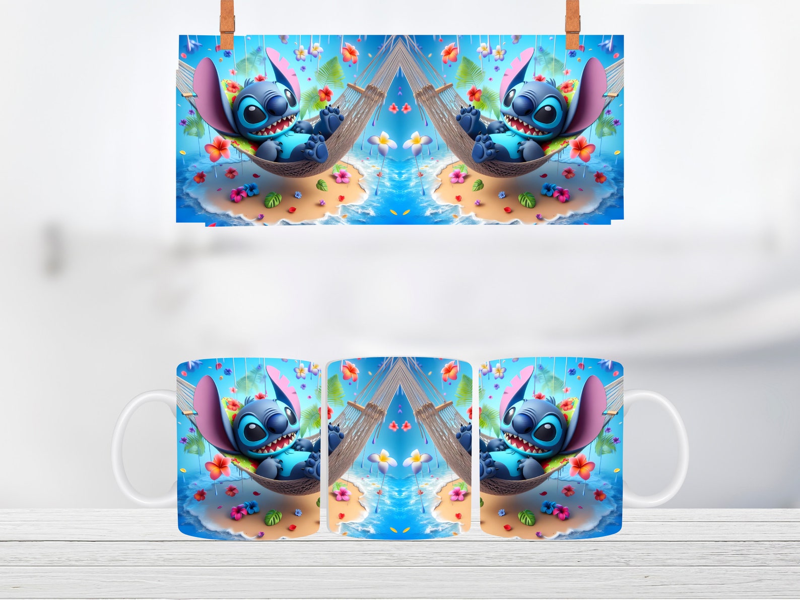 3D Cute Stitch Sleep in Beach Mug Wrap, 3D Stitch Mug Wrap Sublimation ...