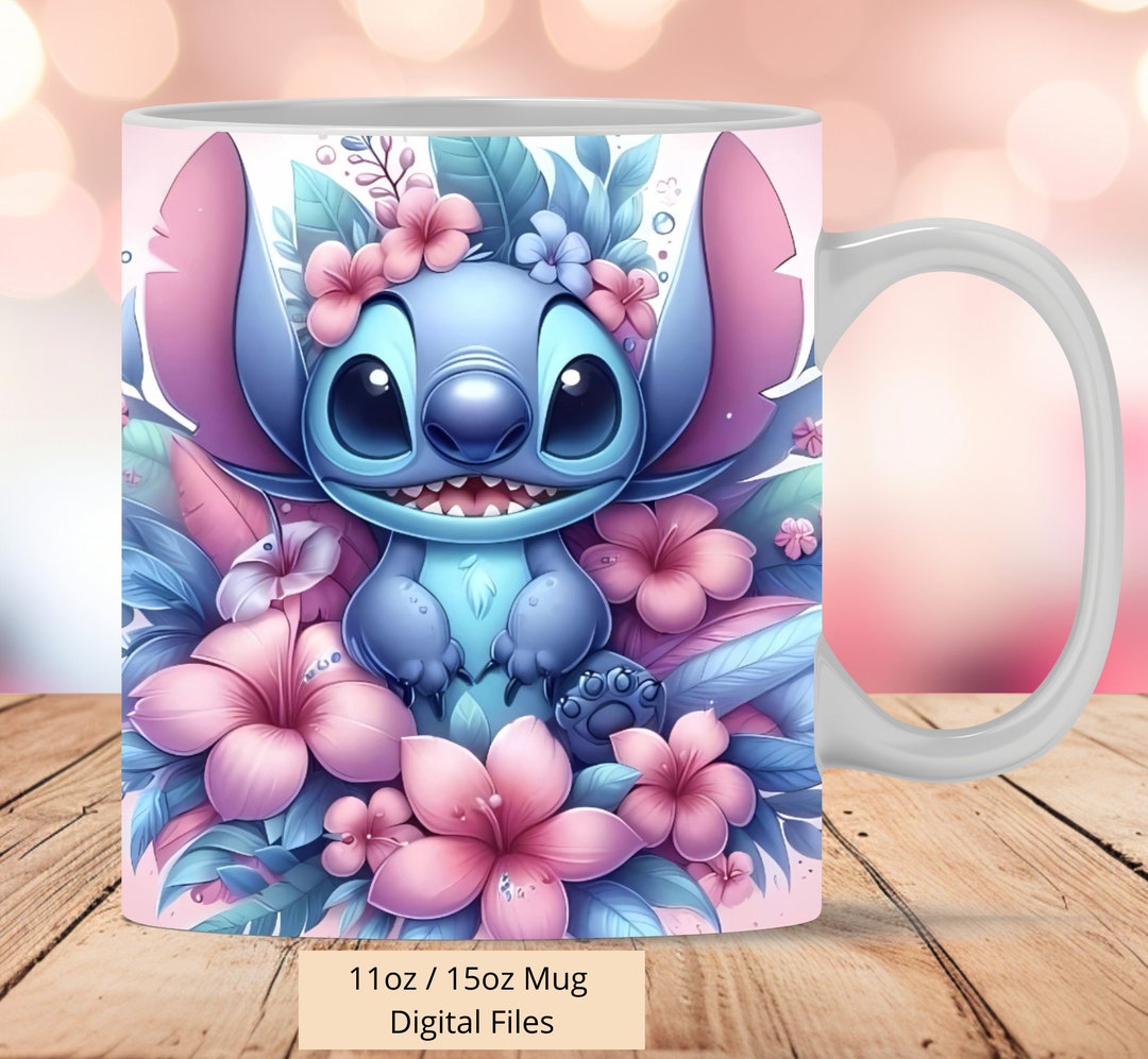 3D Cute Stitch Flowers Mug Wrap, 3D Stitch Mug Wrap Sublimation Design ...