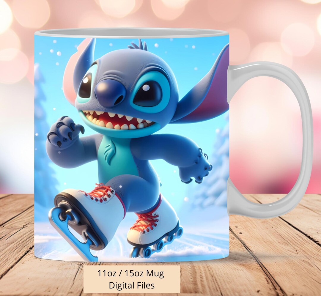 3D Cute Stitch Ice Skating Mug Wrap, 3D Stitch Mug Wrap Sublimation ...