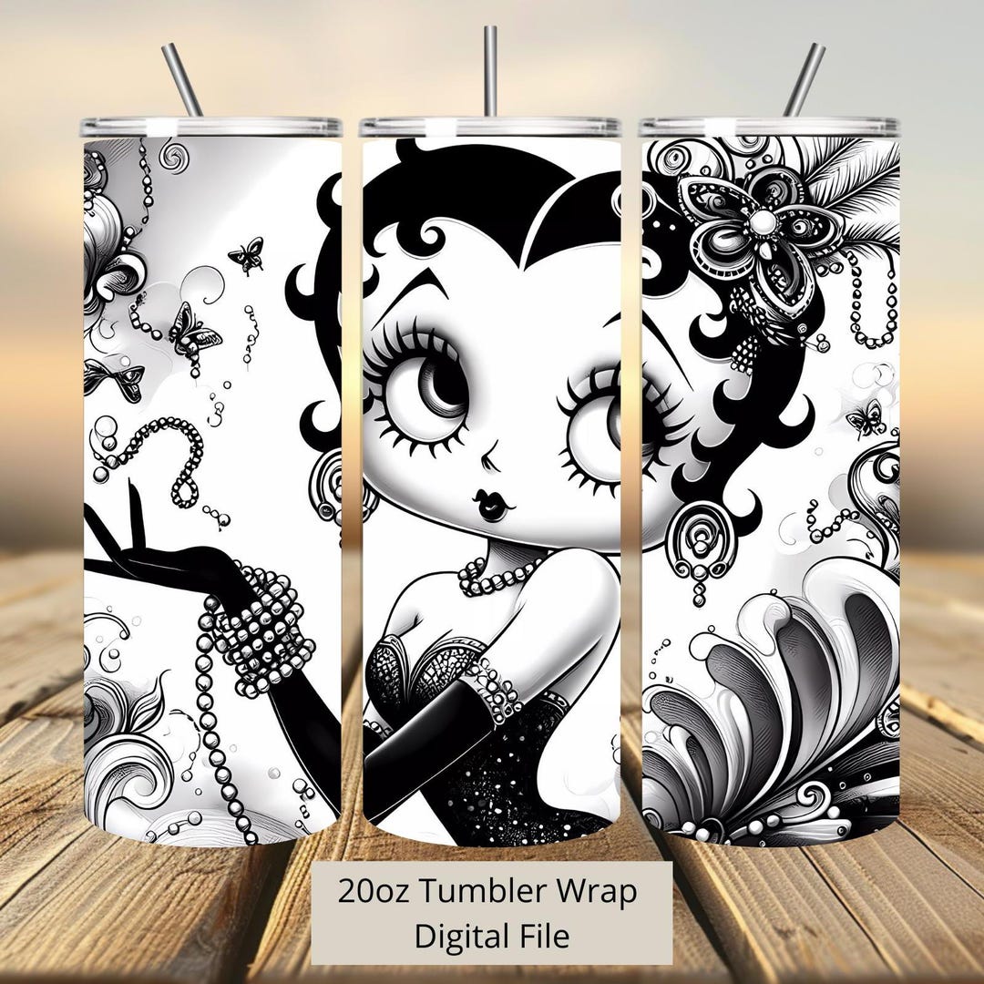 3D Betty Boop Tumbler Wrap, Black and White Tumbler Wrap Sublimation ...