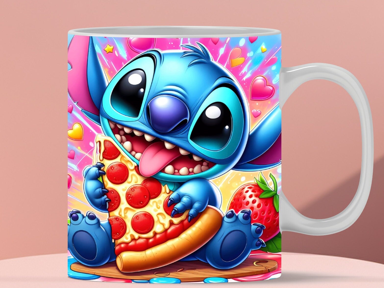 3D Cute Stitch Eat Pizza Mug Wrap, 3D Pizza Mug Wrap Sublimation Design ...