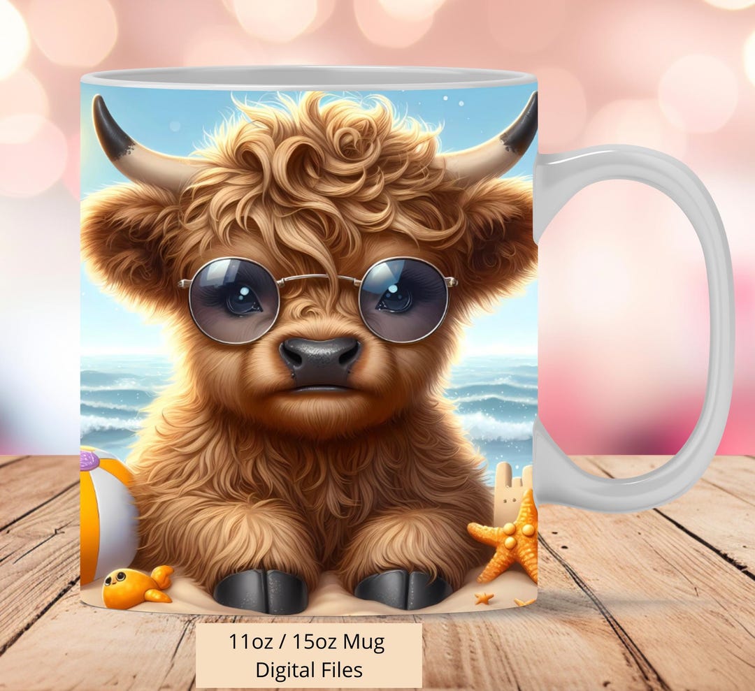 3D Cute Highland Cow Summer Mug Wrap, 3D Cow Mug Wrap Sublimation ...