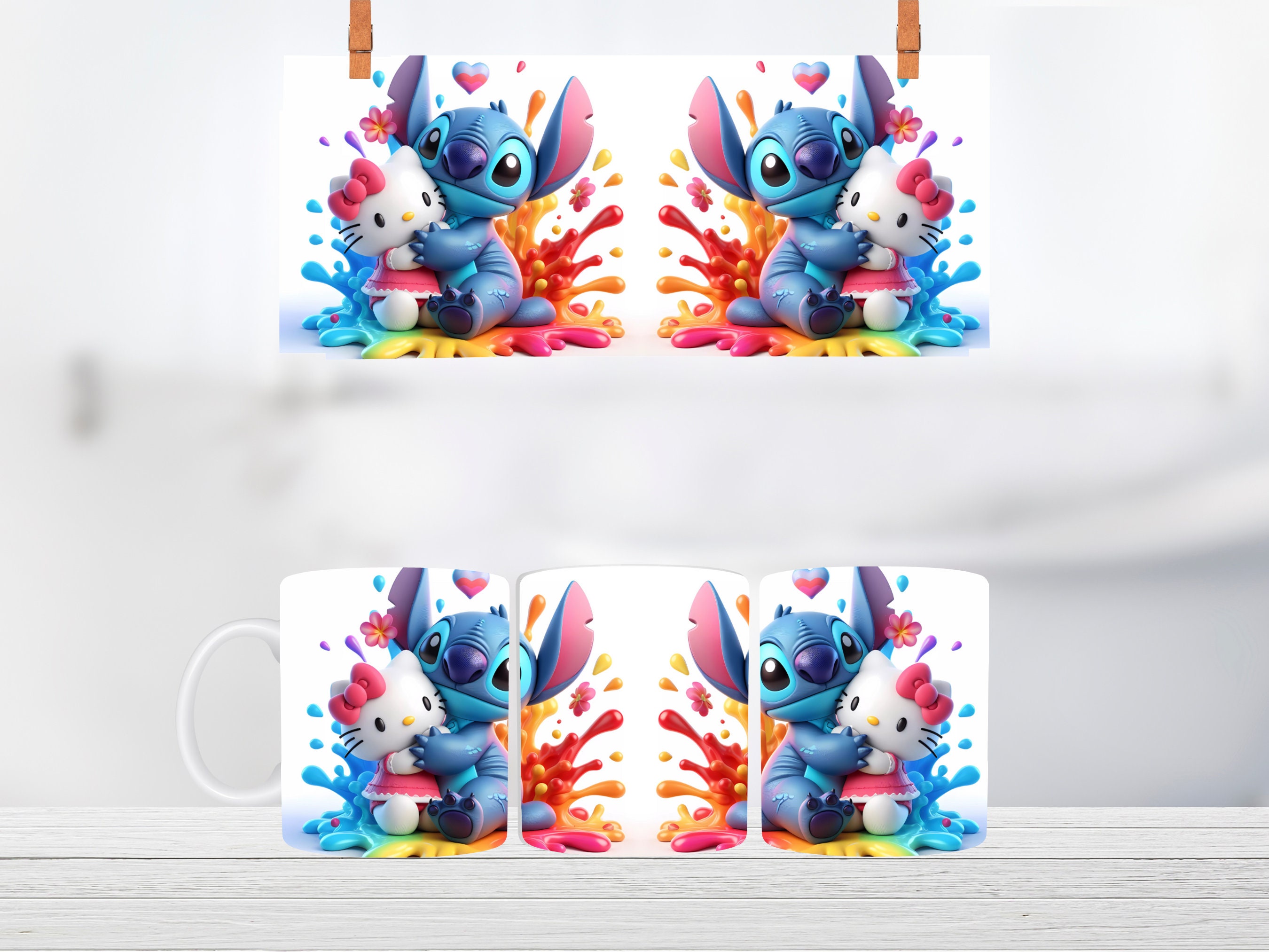3D Stitch and Kitty Mug Wrap, 3D Stitch Mug Wrap Sublimation Design PNG ...