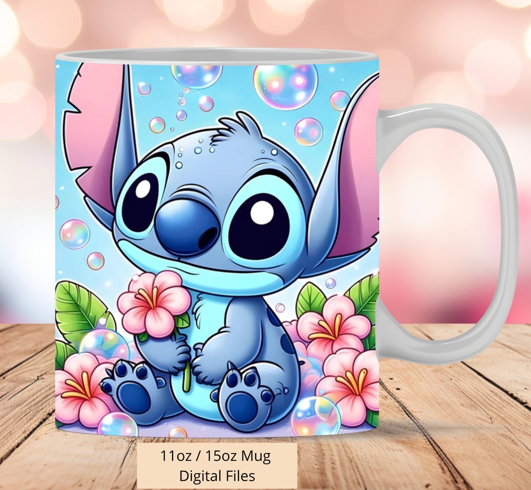 3D Cute Stitch Flowers and Bubbles Mug Wrap, 3D Mug Wrap Sublimation ...