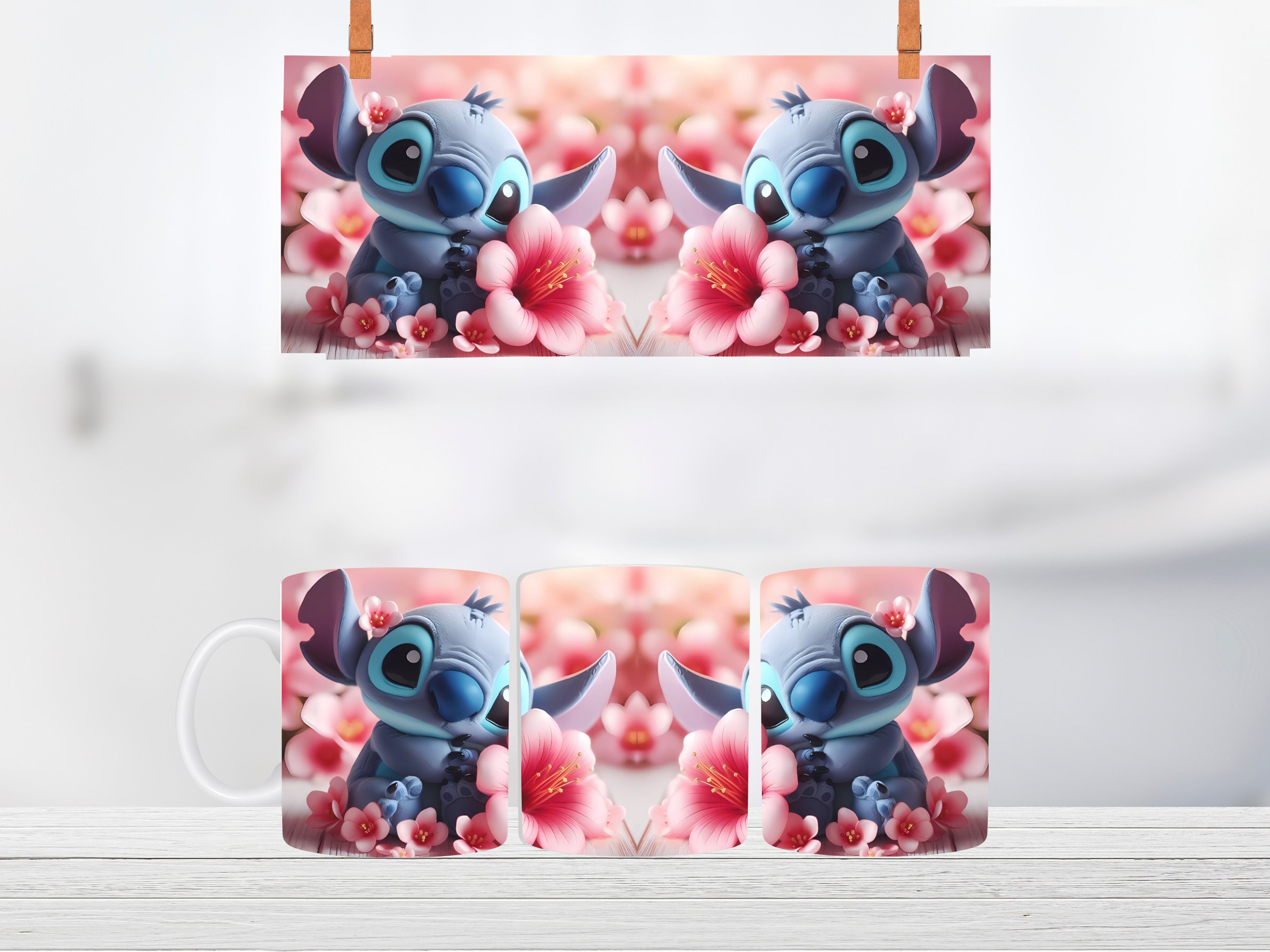 3D Cute Stitch Pink Flower Mug Wrap, 3D Mug Wrap Sublimation Design PNG ...