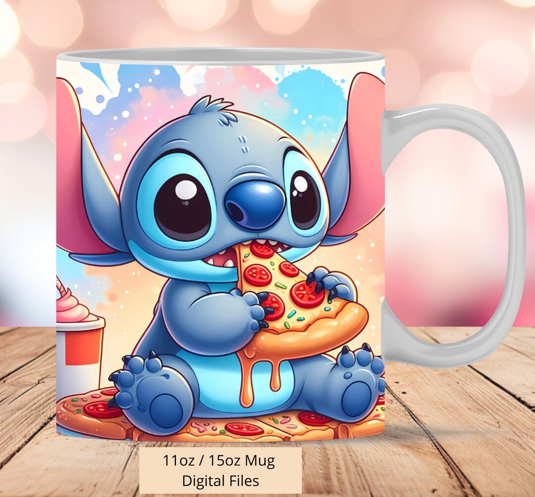 3D Cute Stitch Eat Pizza Mug Wrap, 3D Stitch Mug Wrap Sublimation ...