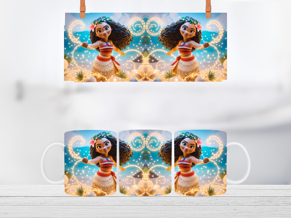 3D Cute Princess Moana Shine Mug Wrap, 3D Princess Mug Wrap Sublimation ...