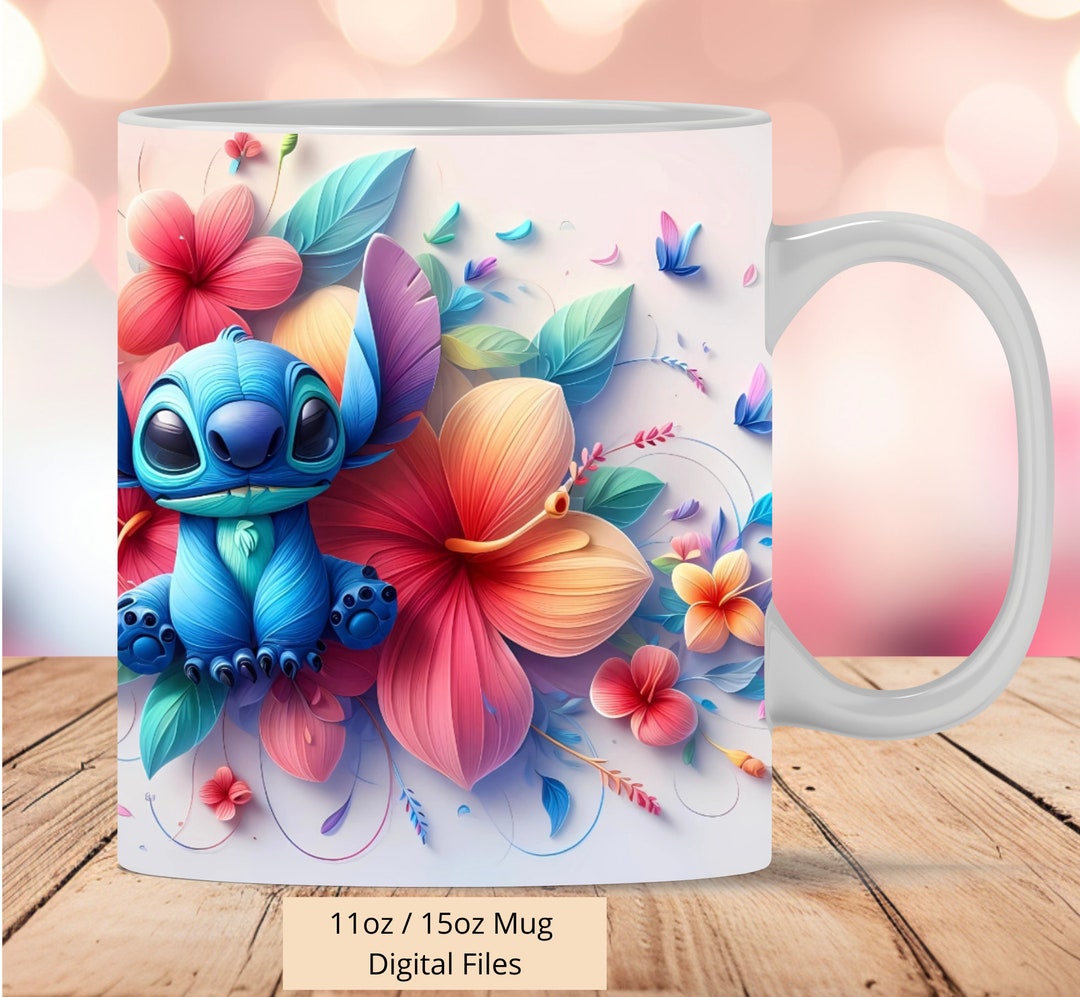 3D Cute Stitch Flowers Mug Wrap, 3D Stitch Mug Wrap Sublimation Design ...