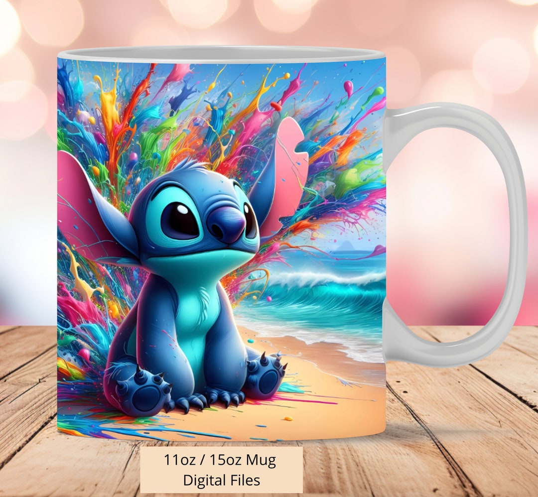 3D Cute Stitch Splash Mug Wrap, 3D Stitch Colorful Mug Wrap Sublimation ...