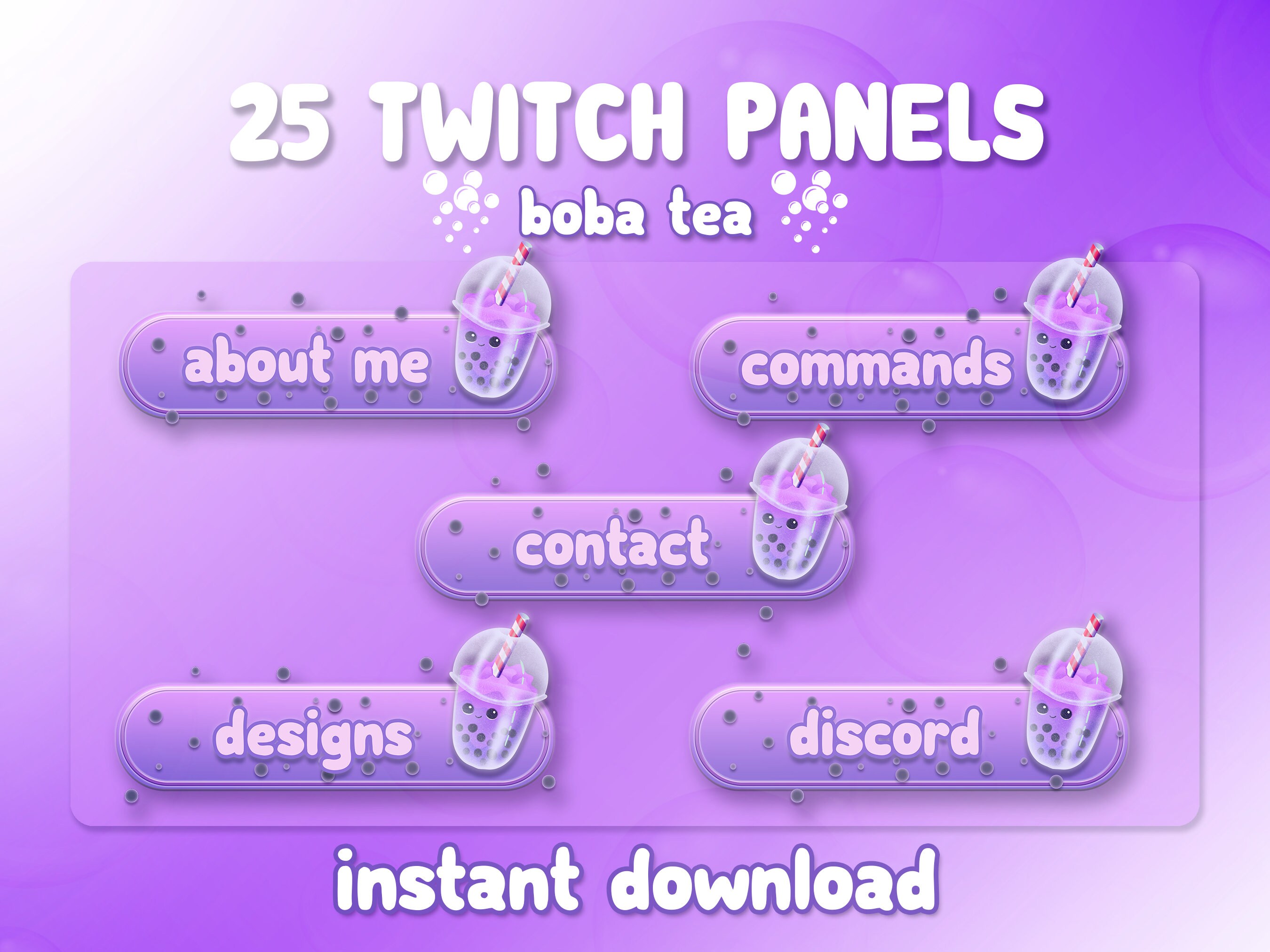 Bubble Tea TWITCH PANELS Cute Pastel Purple Twitch Graphics Boba Tea Kawaii Streaming Assets ...