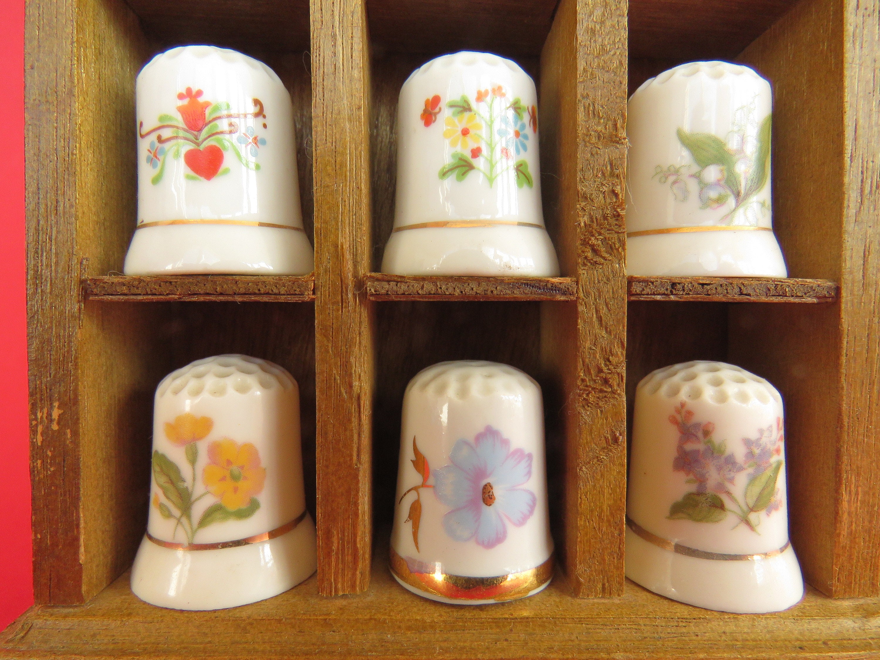Wooden Showcase With 18 Porcelain Thimbles , Flowers Decoration - Etsy