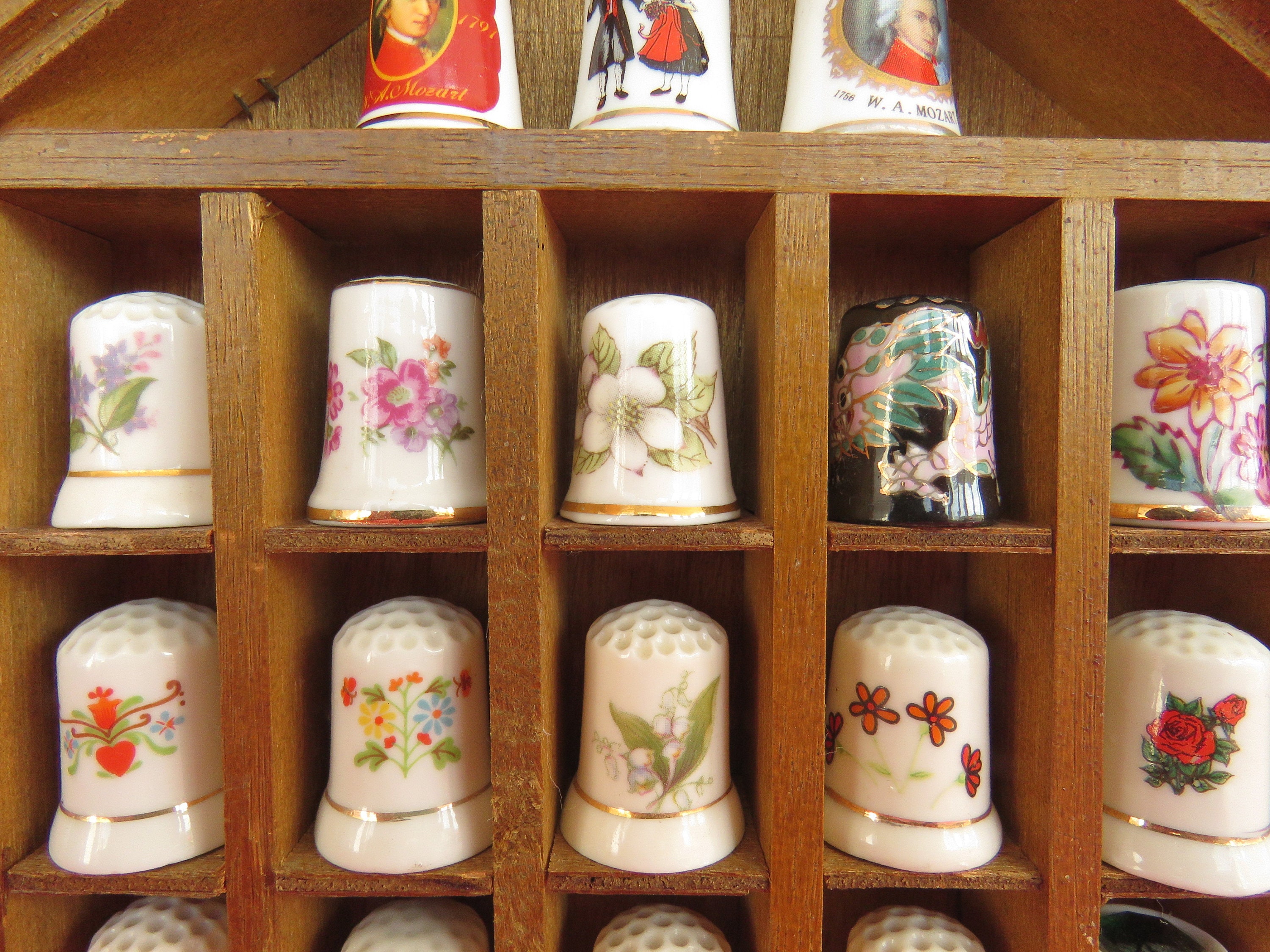 Wooden Showcase With 18 Porcelain Thimbles , Flowers Decoration - Etsy