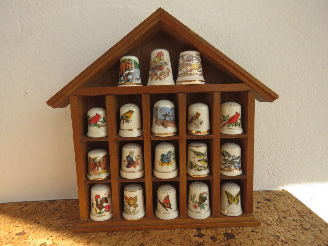 Wooden Showcase With 18 Porcelain Thimbles,birds and Butterfly ...