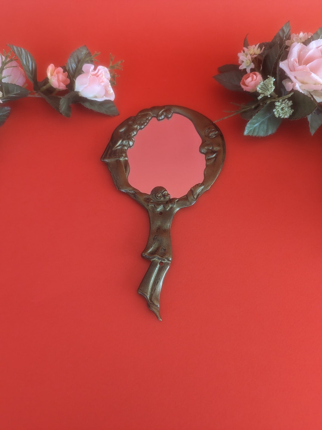 Vintage Art Nouveau Bronze Hand Mirror With Whimsical Pierrot Design ...
