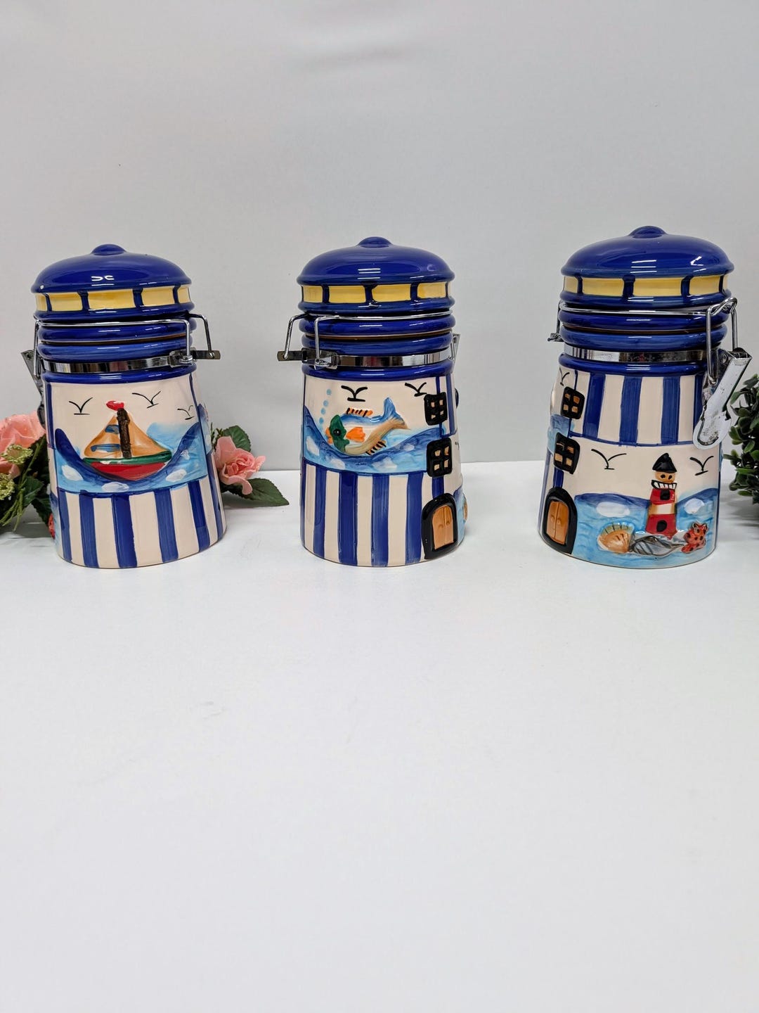 Set of 3 Lighthouse Ceramic Storage Jars – Blue White Coastal Canisters ...