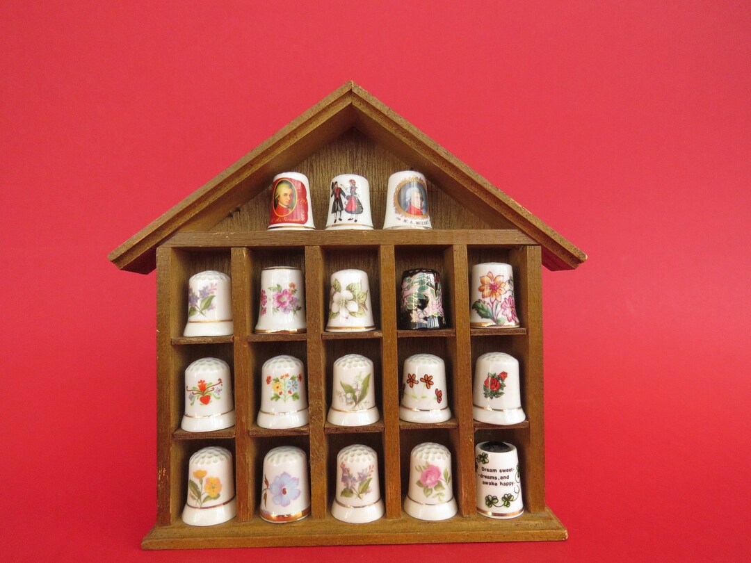 Wooden Showcase With 18 Porcelain Thimbles , Flowers Decoration - Etsy