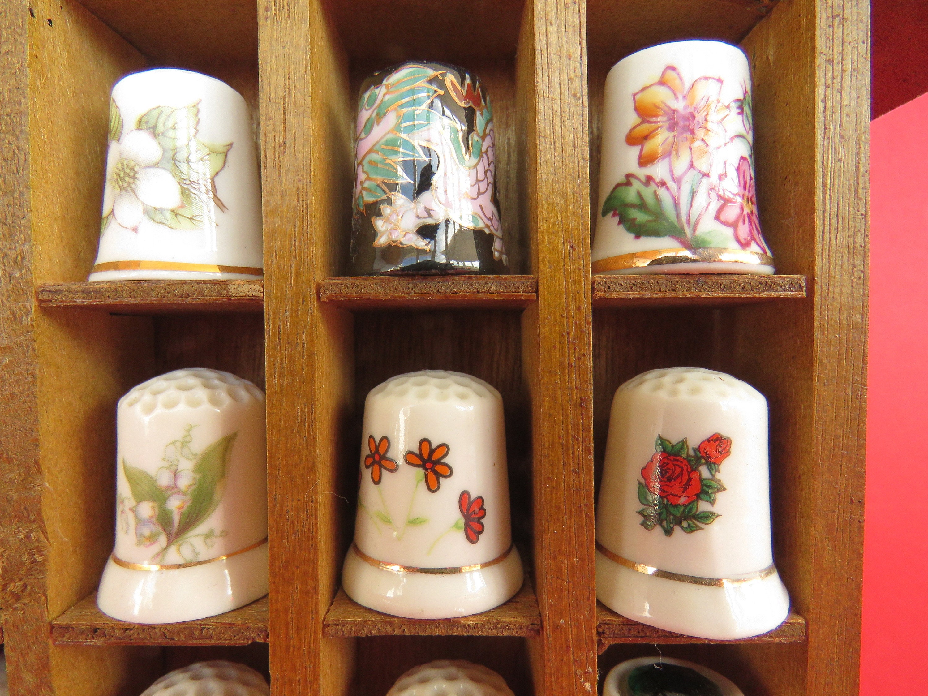 Wooden Showcase With 18 Porcelain Thimbles , Flowers Decoration - Etsy