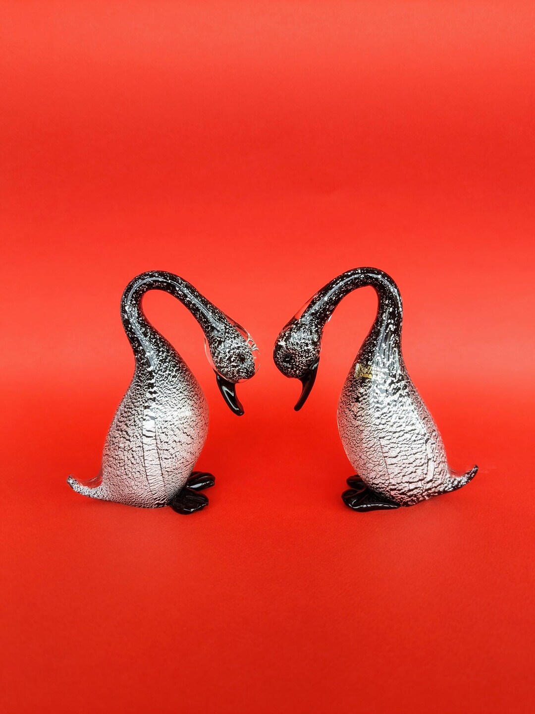 Vintage Set of Two 70s Obal Murano Glass Ducks. Silver Flake on Black ...
