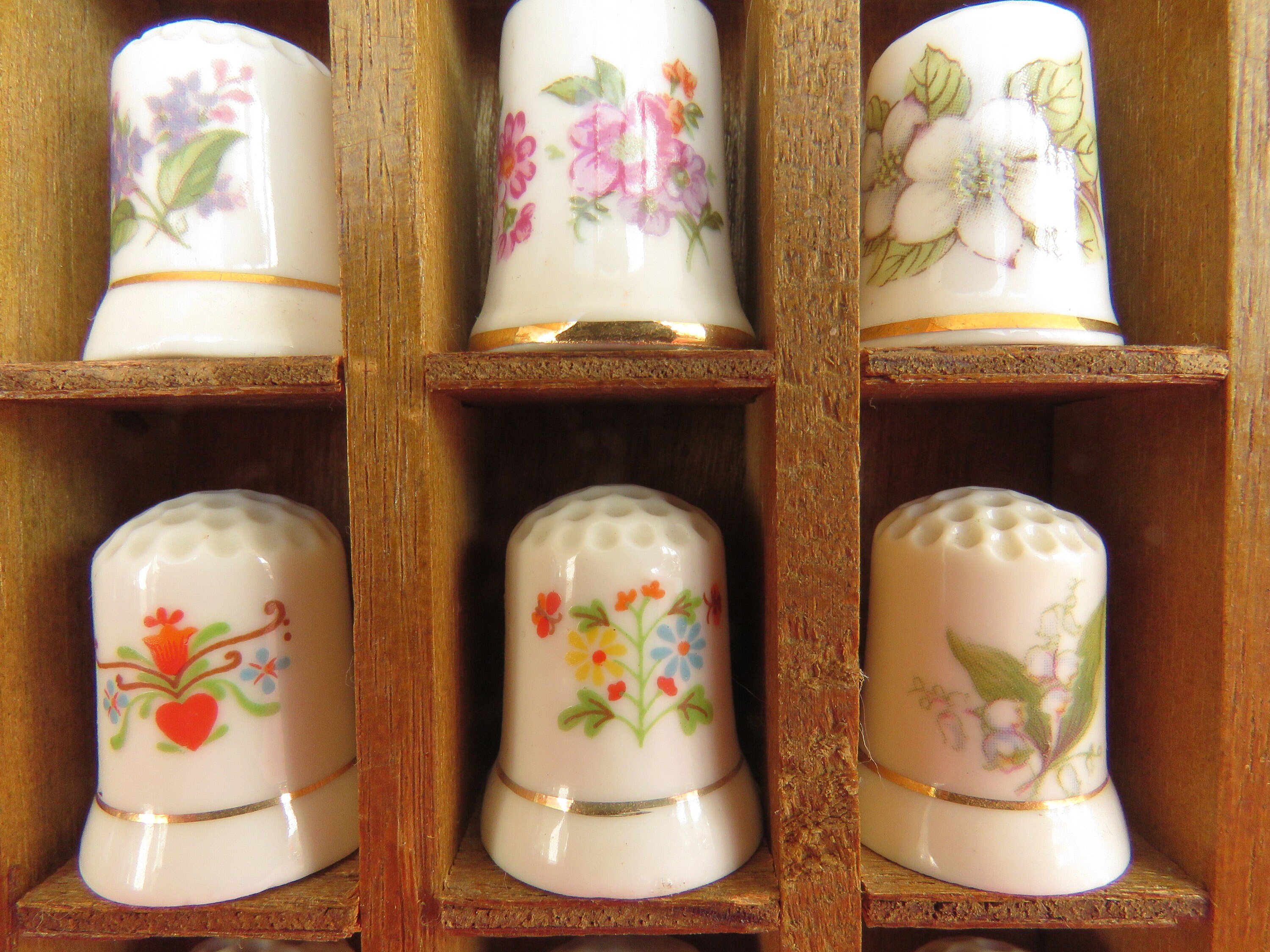 Wooden Showcase With 18 Porcelain Thimbles , Flowers Decoration - Etsy