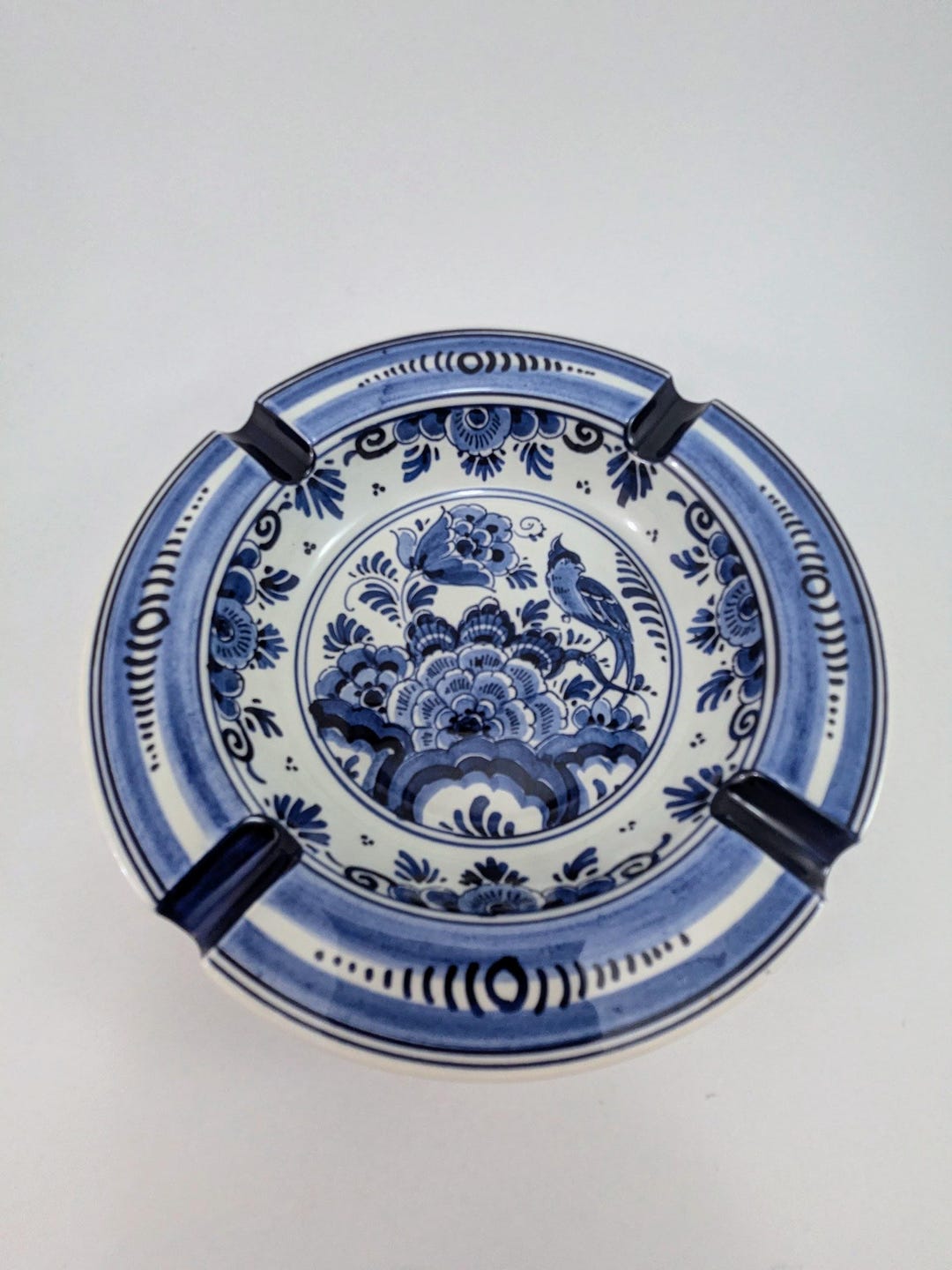 Vintage Hand Painted Delft Blue Ashtray With Floral and Bird Decoration ...