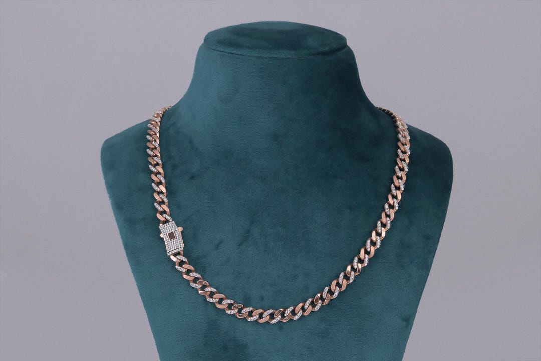 Round Diamond Cuban Chain Men's Miami Cuban Necklace 18K Rosegold ...