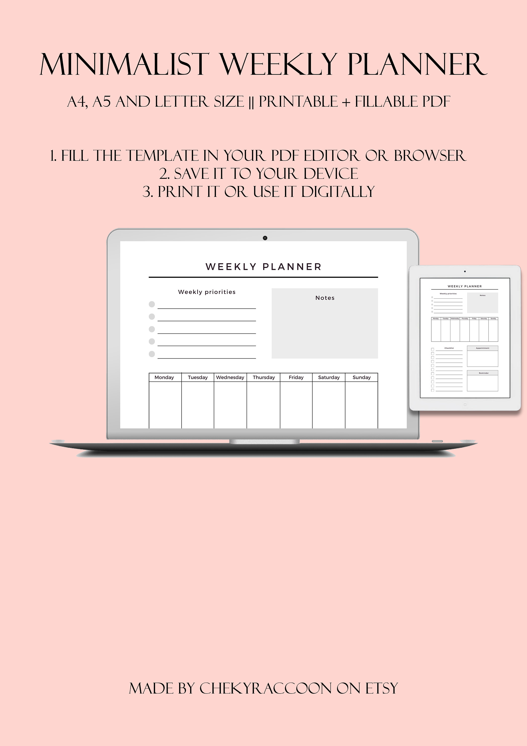 Minimalist Weekly Planner Printable Lily Pink Daily to Do List for Work ...