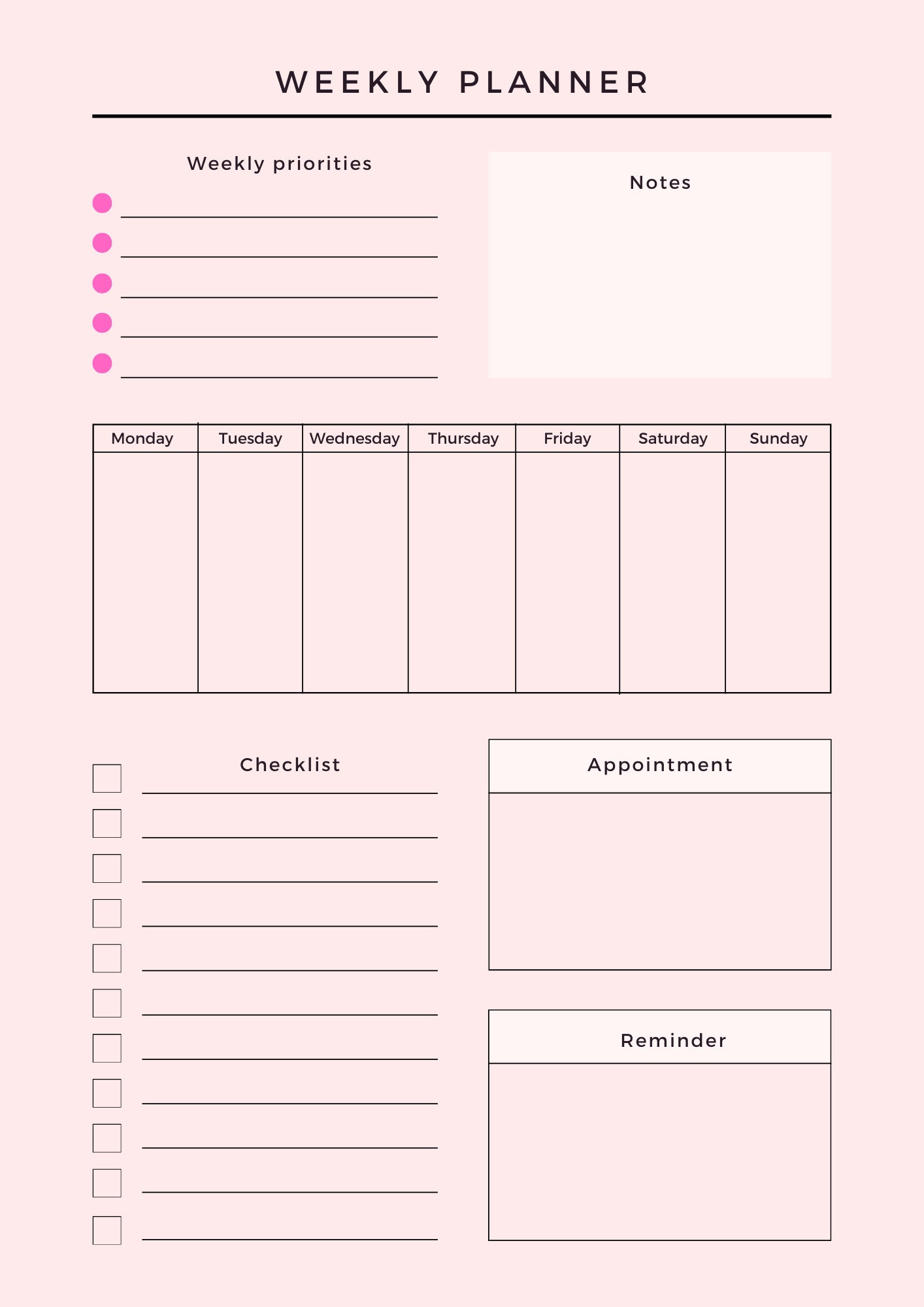 Minimalist Weekly Planner Printable Lily Pink Daily to Do List for Work ...