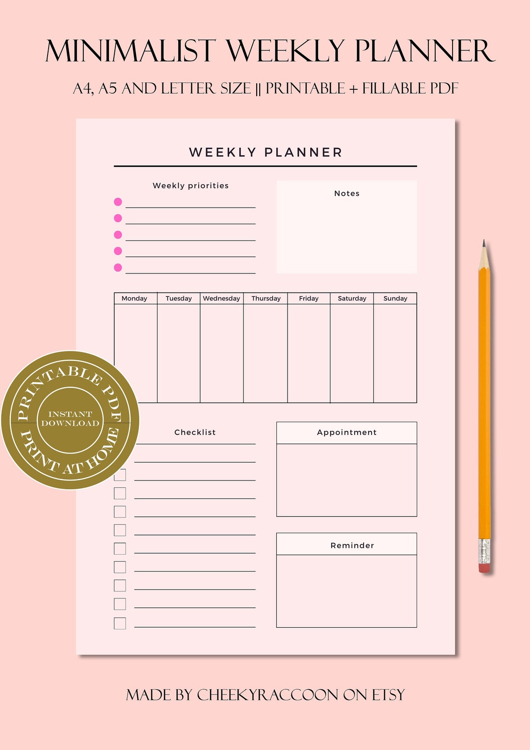 Minimalist Weekly Planner Printable Lily Pink Daily to Do List for Work ...