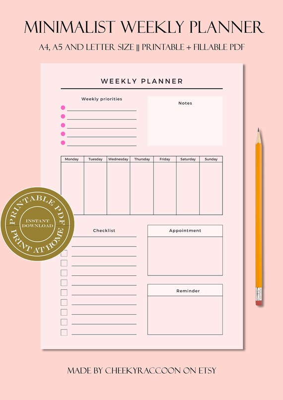 Minimalist Weekly Planner Printable Lily Pink Daily to Do - Etsy