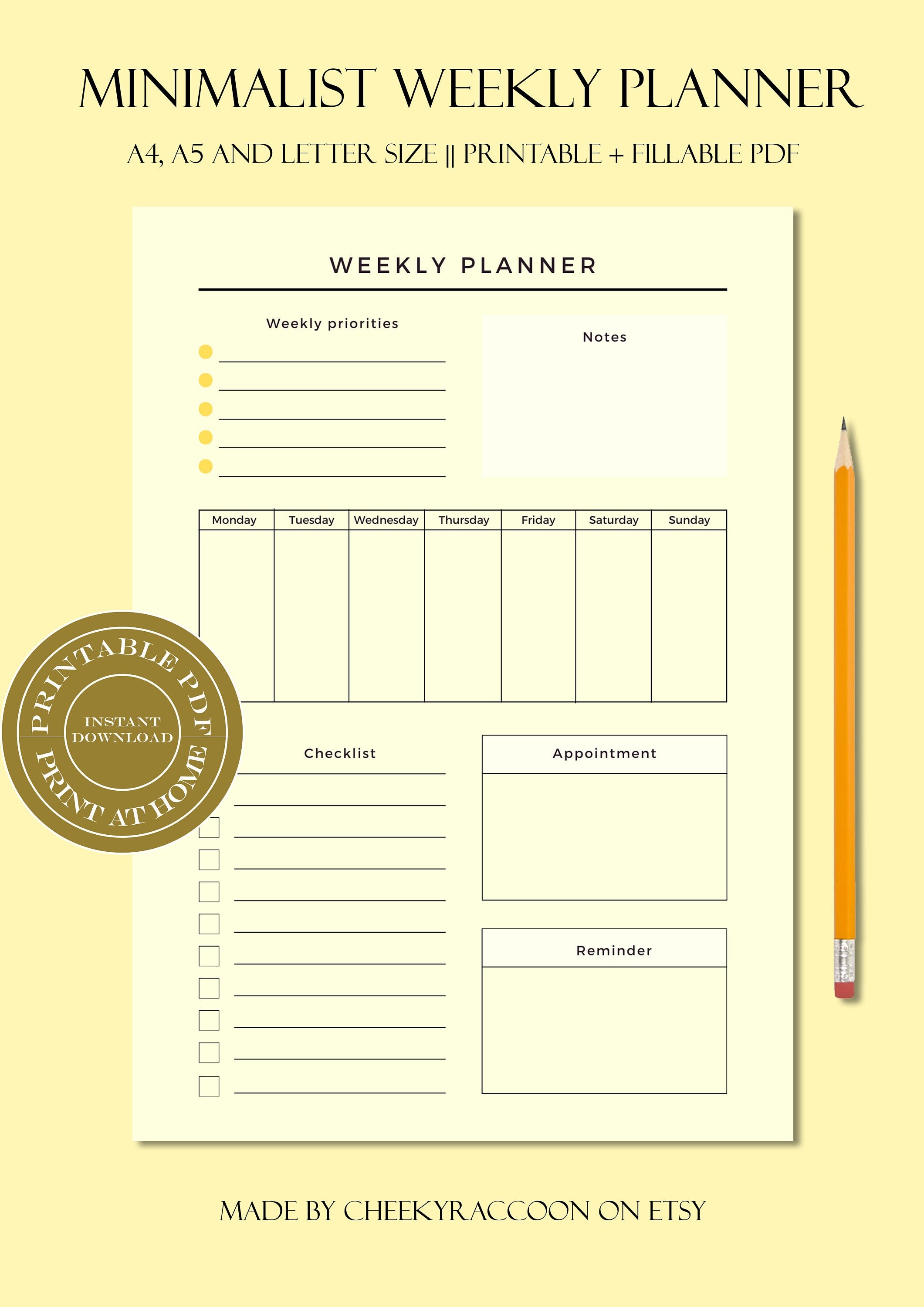 Minimalist Weekly Planner Printable Sunflower Yellow Daily to Do List ...