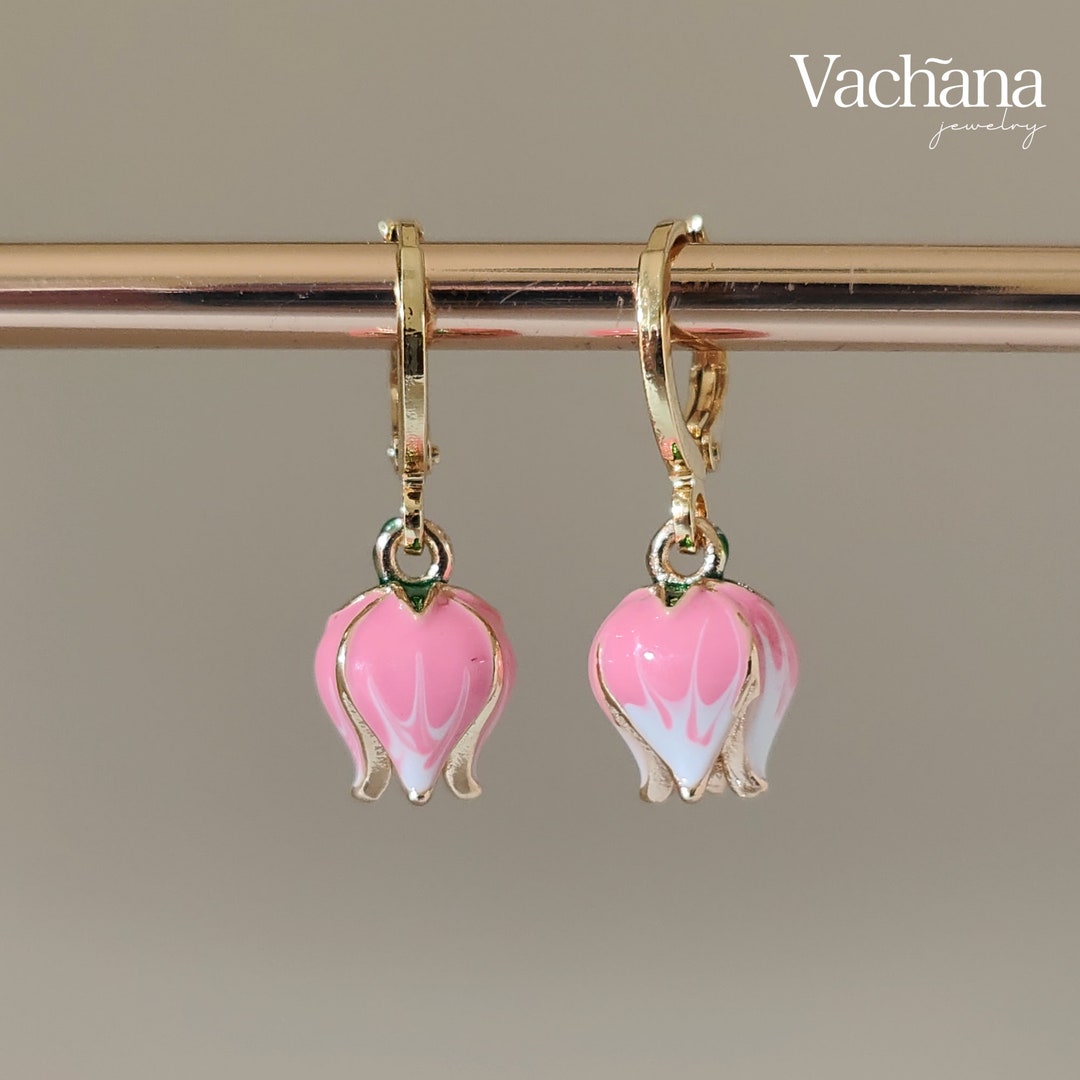 Enamel Pink Flower Bud Huggie Hoop Earrings - Etsy