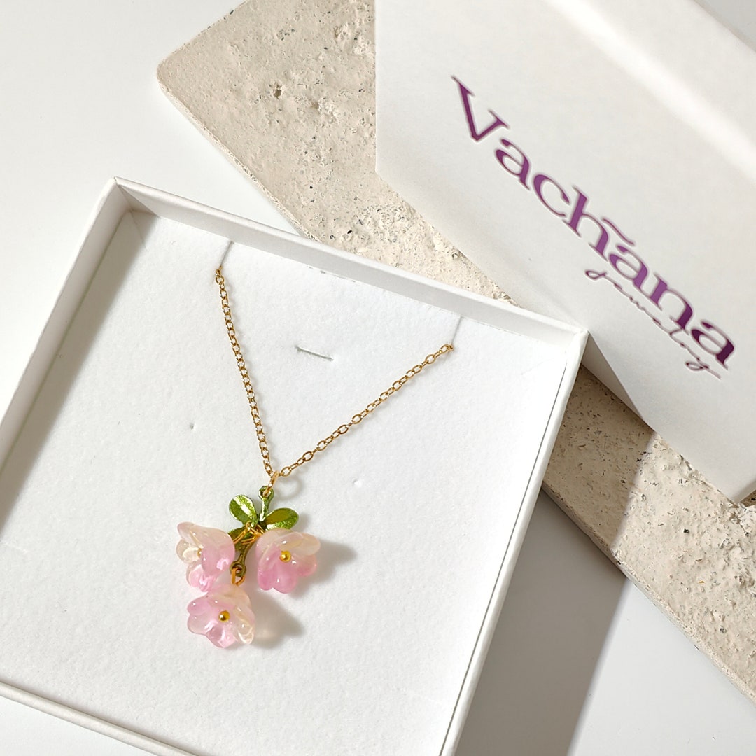 Pink & Yellow Lily of the Valley Necklace, Flower Dangle Necklace, Gift ...