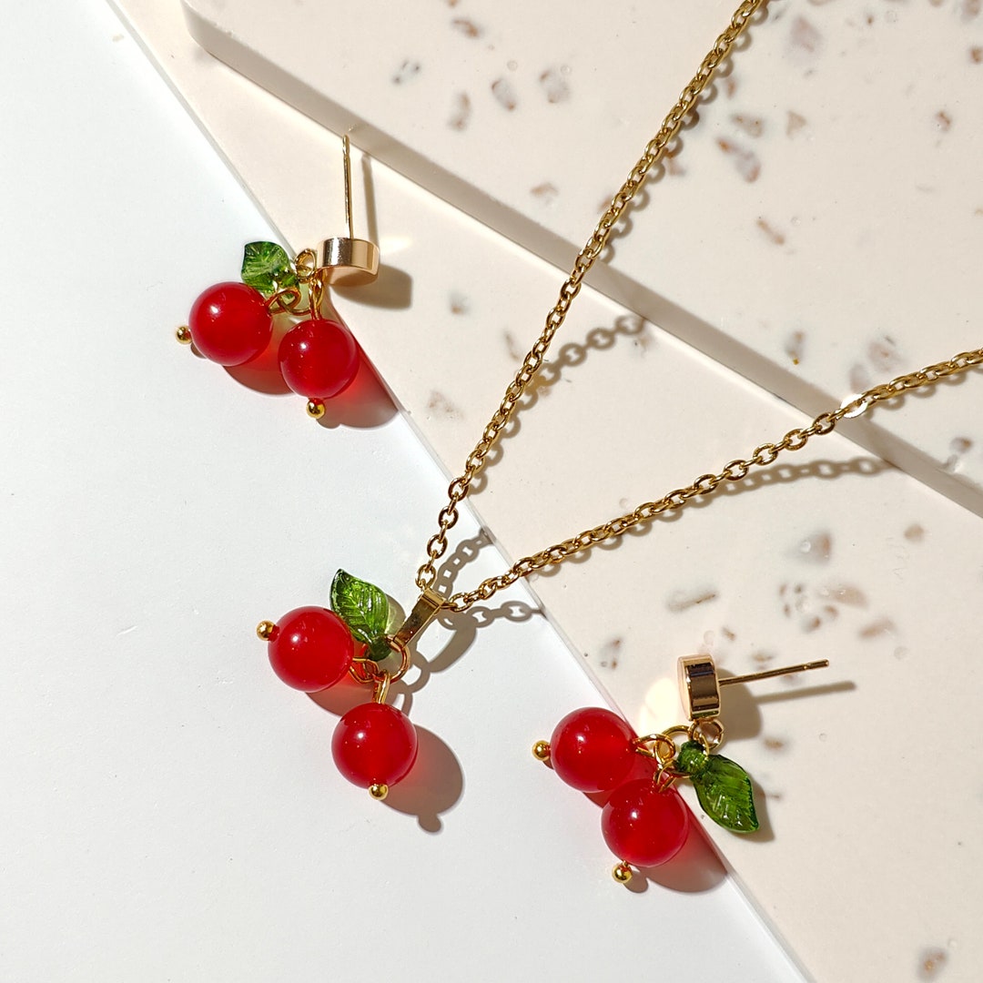 Cherry Jewellery Set 18k Gold Plated Necklace Chain and - Etsy