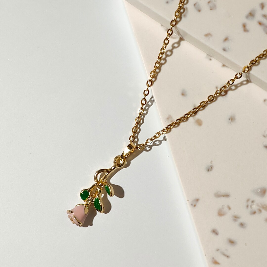 Rose Necklace 18k Gold Plated Chain With Pink Rose Charm - Etsy
