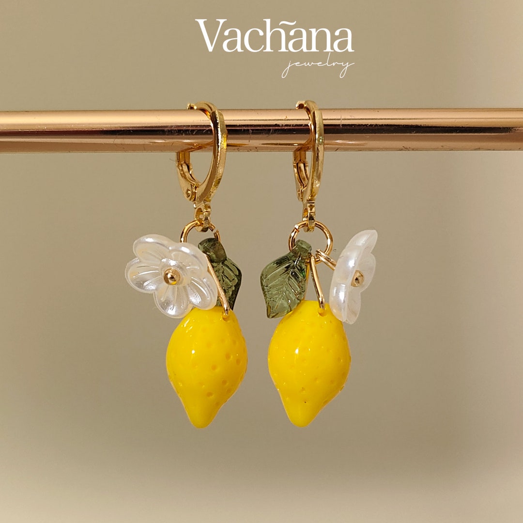 Kawaii Lemon Hoop Earrings - 18k Gold Plated Hoops With Glass Lemon ...
