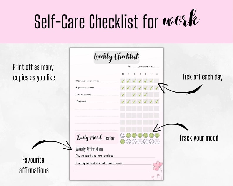 Self Care Checklist Printable Planner Digital Download Self Etsy