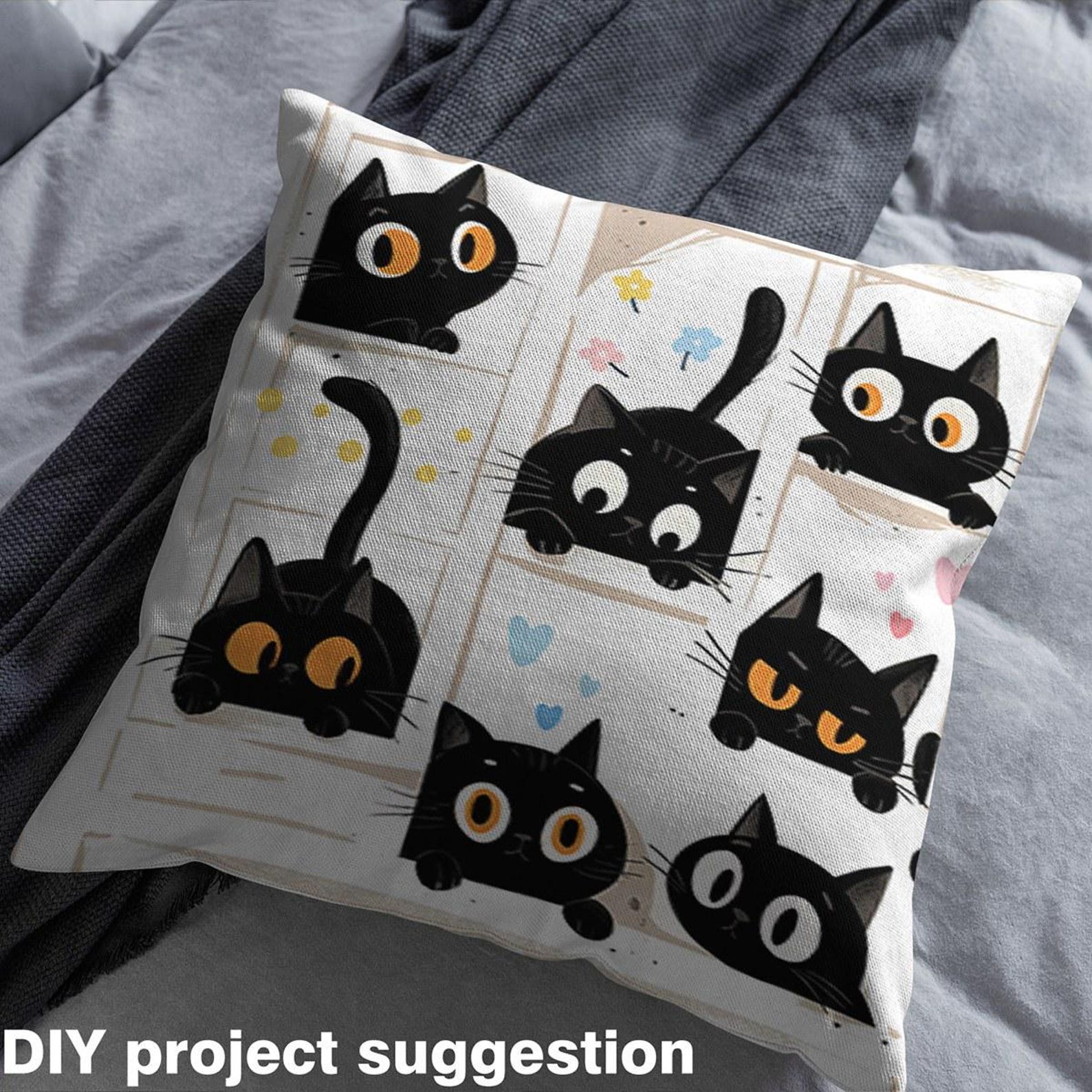 Cartoon Black Cats Polyester Fabric by the Yard, Lovely Pet Animal ...