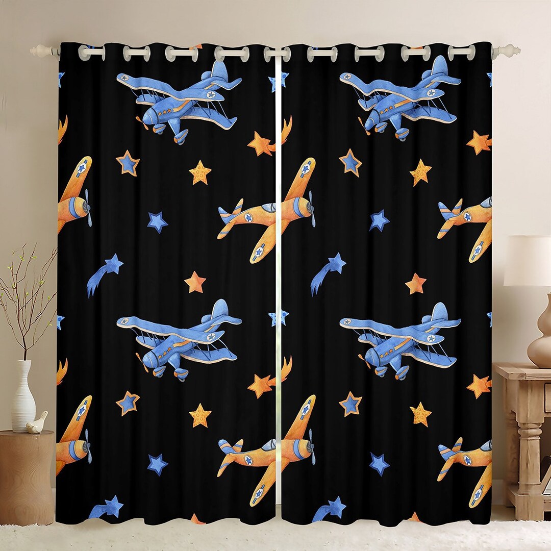 Cartoon Airplane Window Curtain Set, Orange Blue Aircraft Planes ...