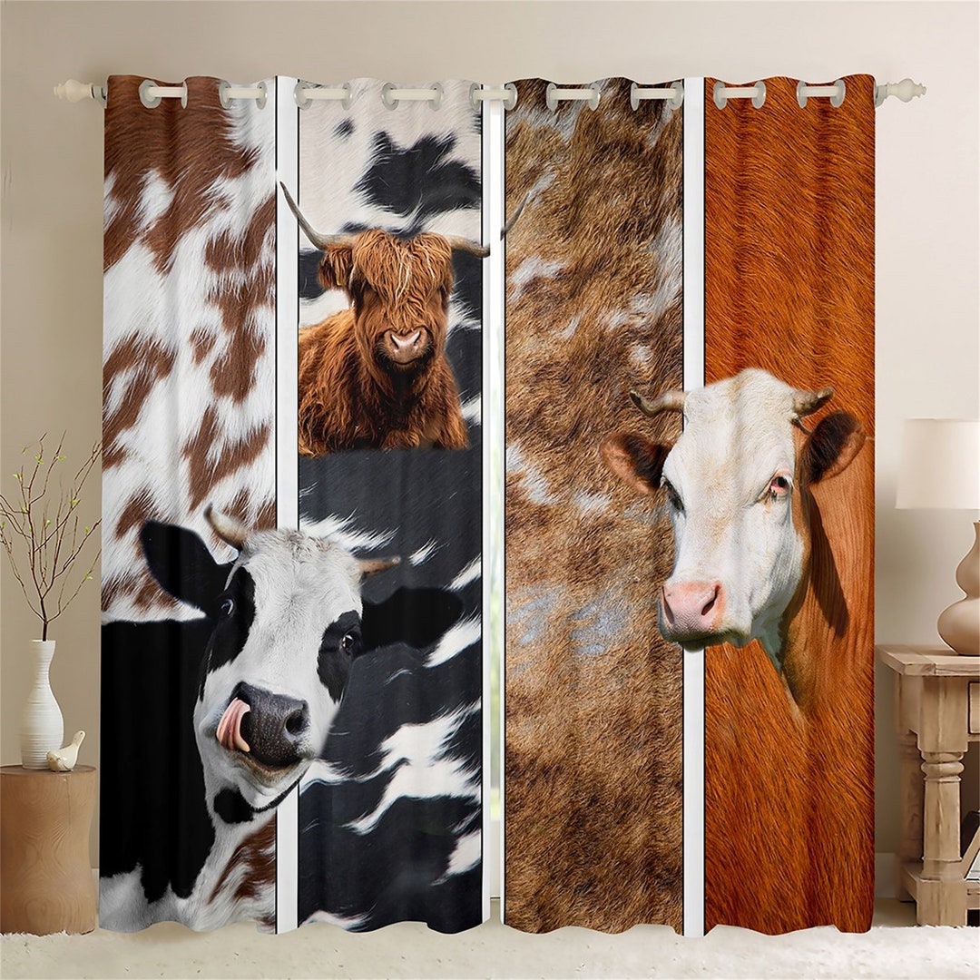 Highland Cattle Cow Window Curtains, Black White Brown Cowhide Print ...