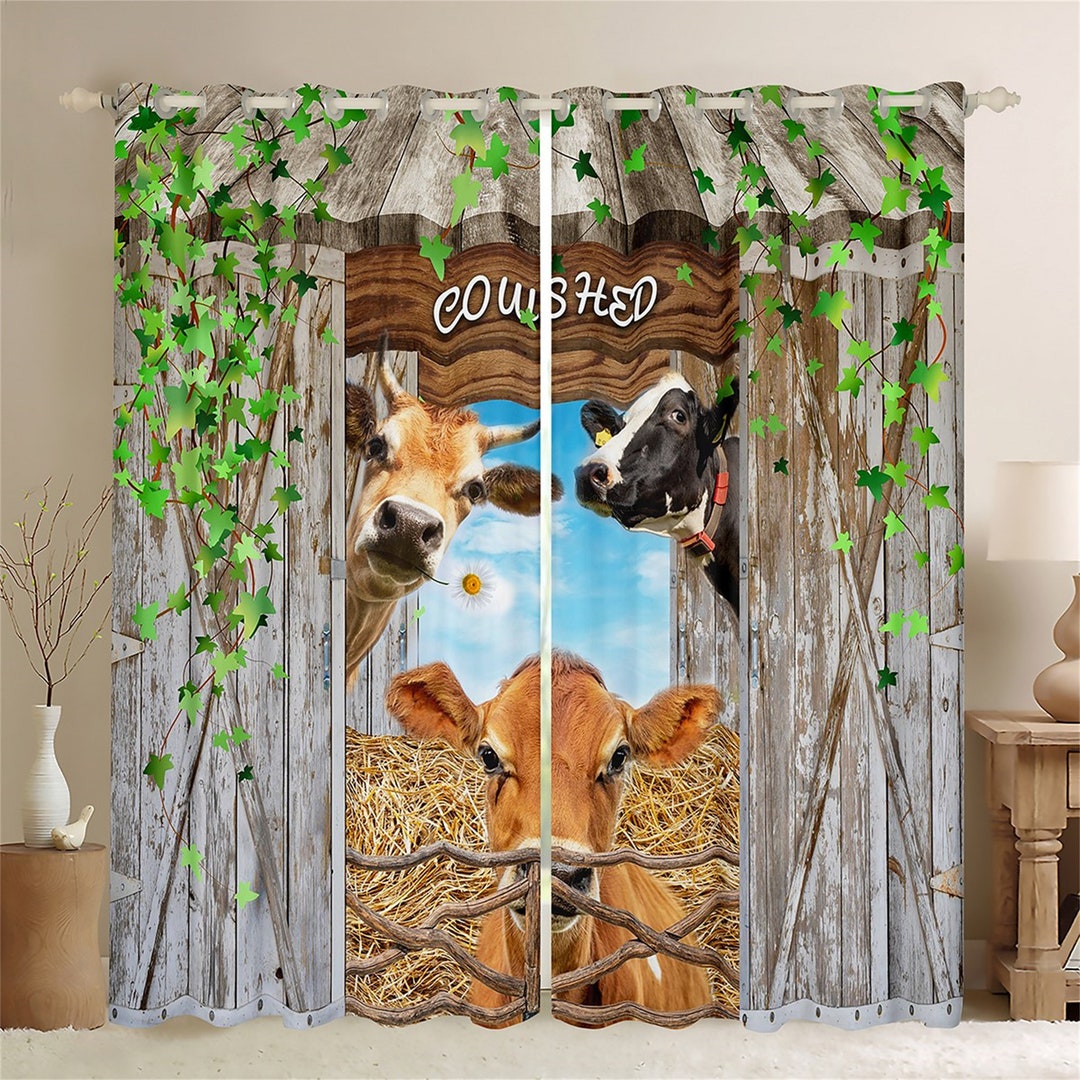 Rustic Animal Window Curtain Set, Farm Cattle Cow 3D Print Window ...