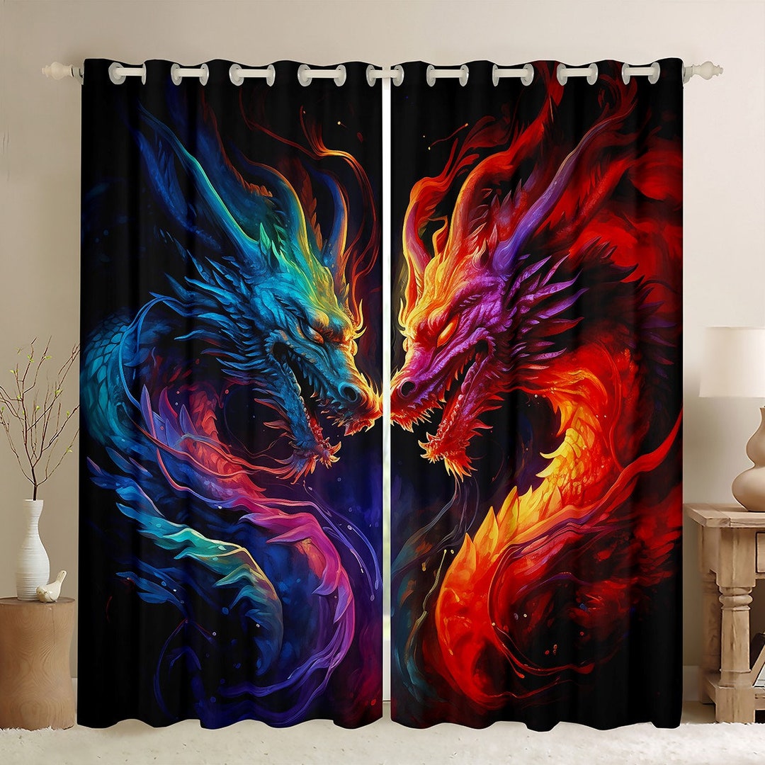 Dragon Handmade Window Curtains, Psychedelic Ancient Animal Window ...