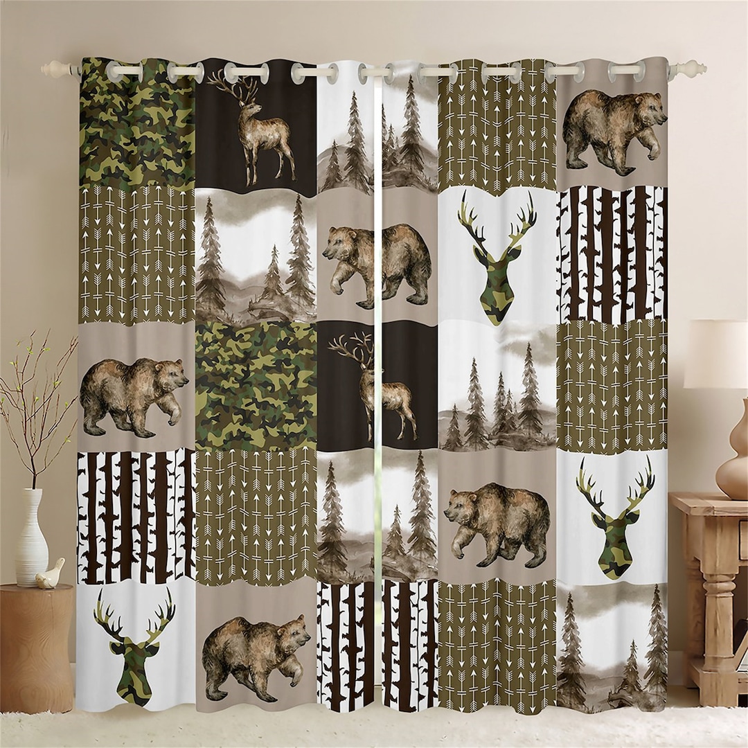 Rustic Deer Antler Silhouette Window Curtains Wild Bear Pine - Etsy