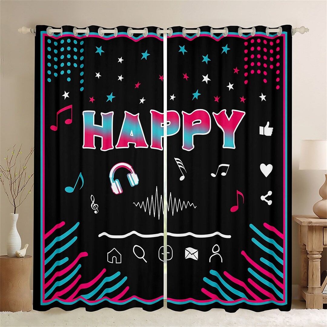 Happy Music Theme Window Curtains, Musical Notes Starry Headset Print ...