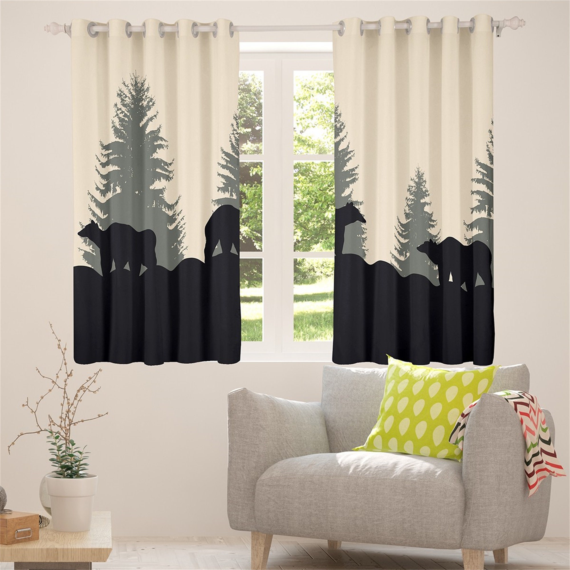 Bear Silhouette Handmade Window Curtains, Wild Animal Jungle Tree ...